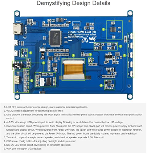 Waveshare 7inch Capacitive Touch Screen LCD Compatible with Raspberry Pi 5/4B/3B+/3A+/2B/B+/A+/Zero/Zero W/WH/Zero 2W CM3+/4 Series Boards 1024×600 Resolution HDMI IPS Supports Windows