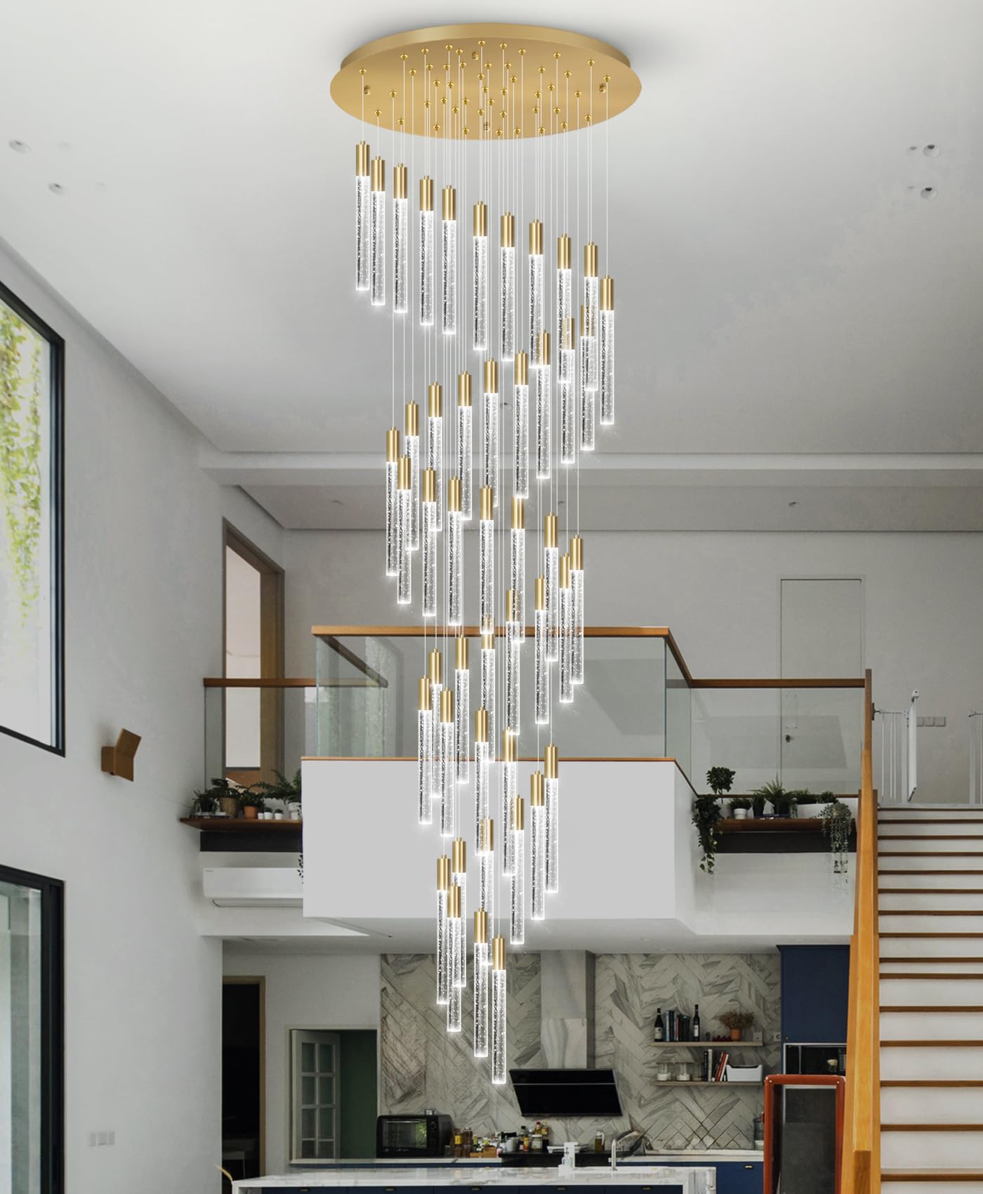 20ft Large Chandeliers for Living Room Gold Modern LED Lights High Ceiling Chandelier for Entryway Dining Room Ceiling Pendant Light Fixtures Sloping Ceiling Adjustable Dimmable Lighting