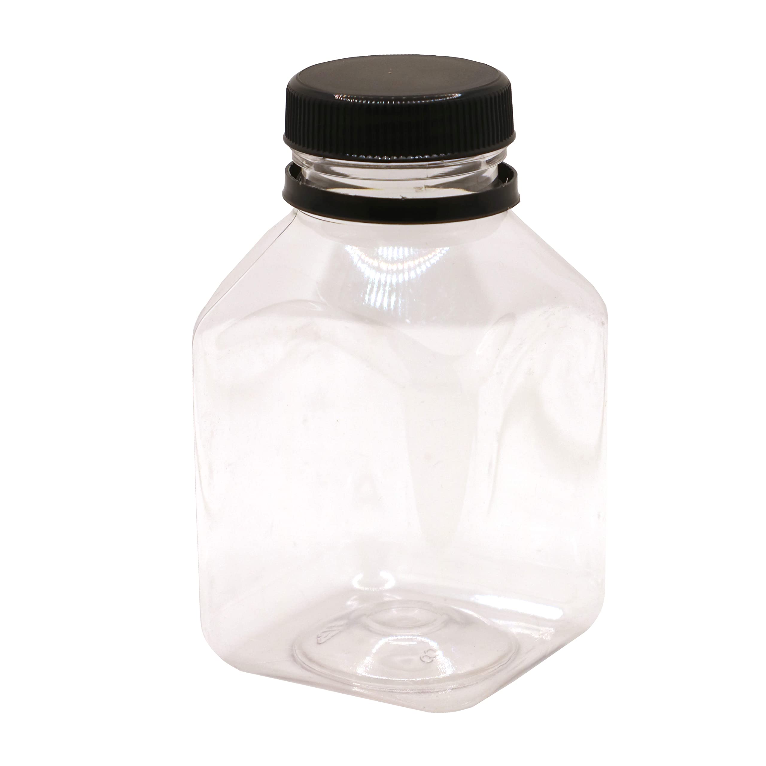 8 fl. oz. Square Juice Bottles w/ Tamper-Evident Caps (black) | 6 Pack | Reusable Clear Plastic Bottles for Juicing, Smoothies, Milk, Water, and other Beverages. Fruit Stickers included for labelling.