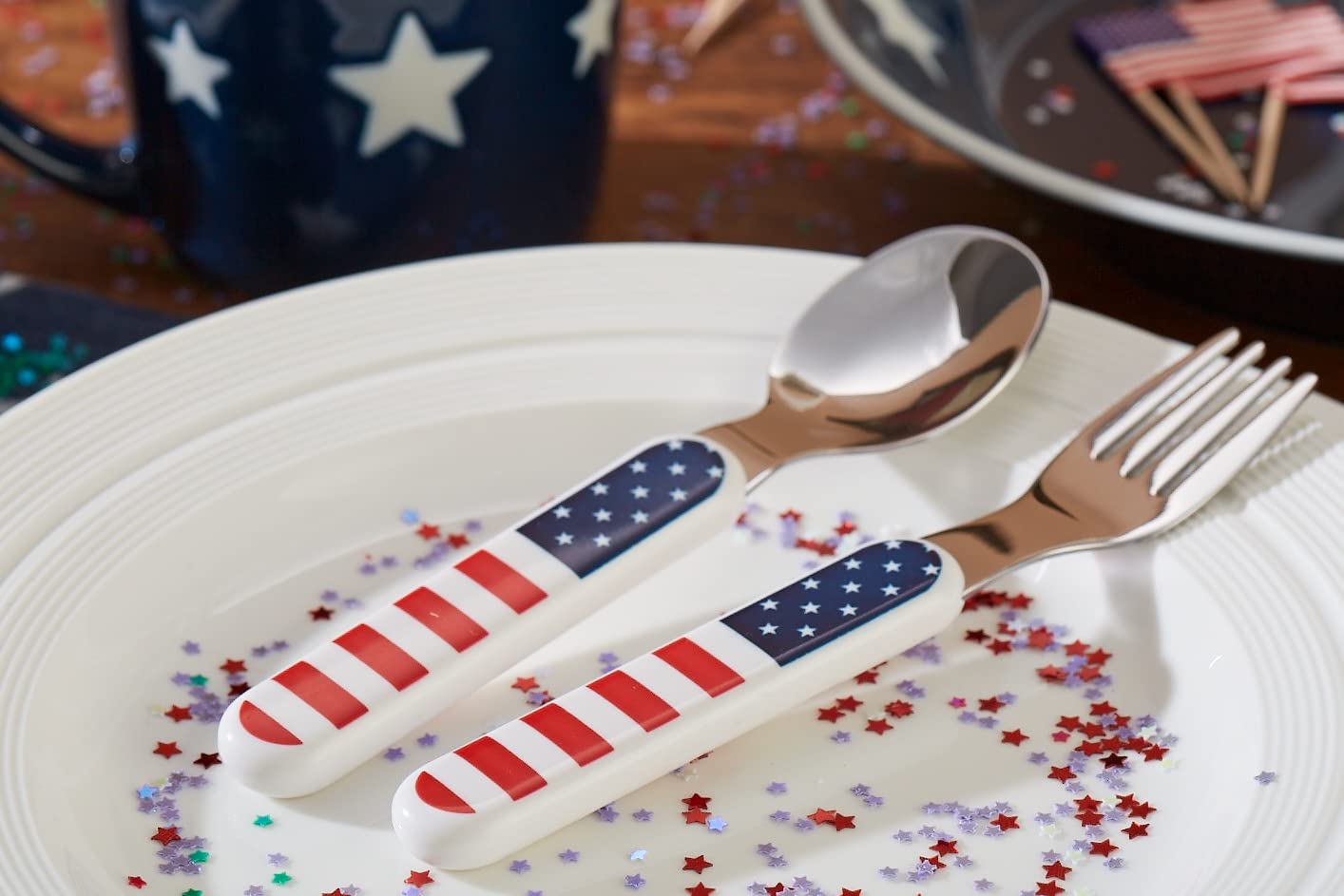 Annova Kids Silverware 6 Pieces Stainless Steel Children's Flatware Set 3 x Forks, 3 x Dinner Spoon Plastic Handle, Toddler Utensils Without Knives, for Babies, Infants BPA Free (US Flag)