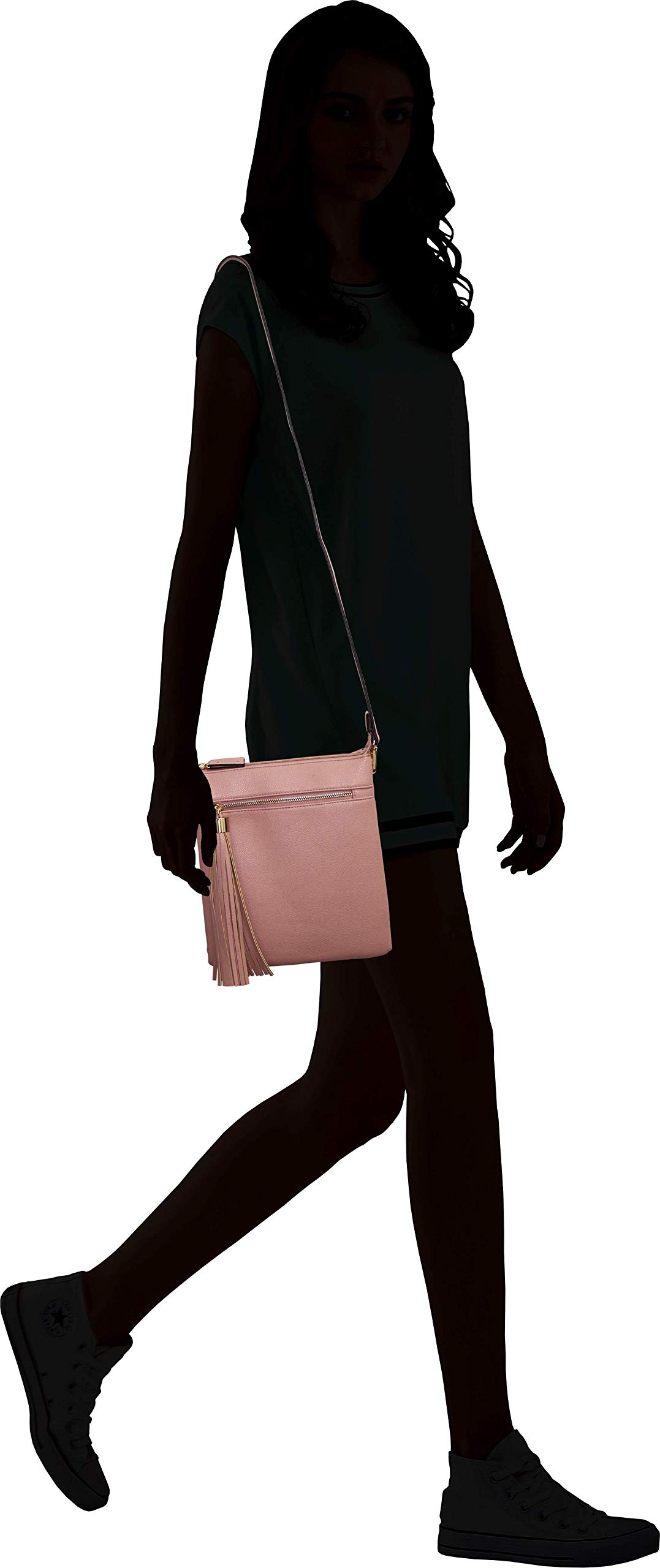 B BRENTANO Vegan Double-Zip Pocket Crossbody Handbag Purse wih Big Tassel Accent (Blush)
