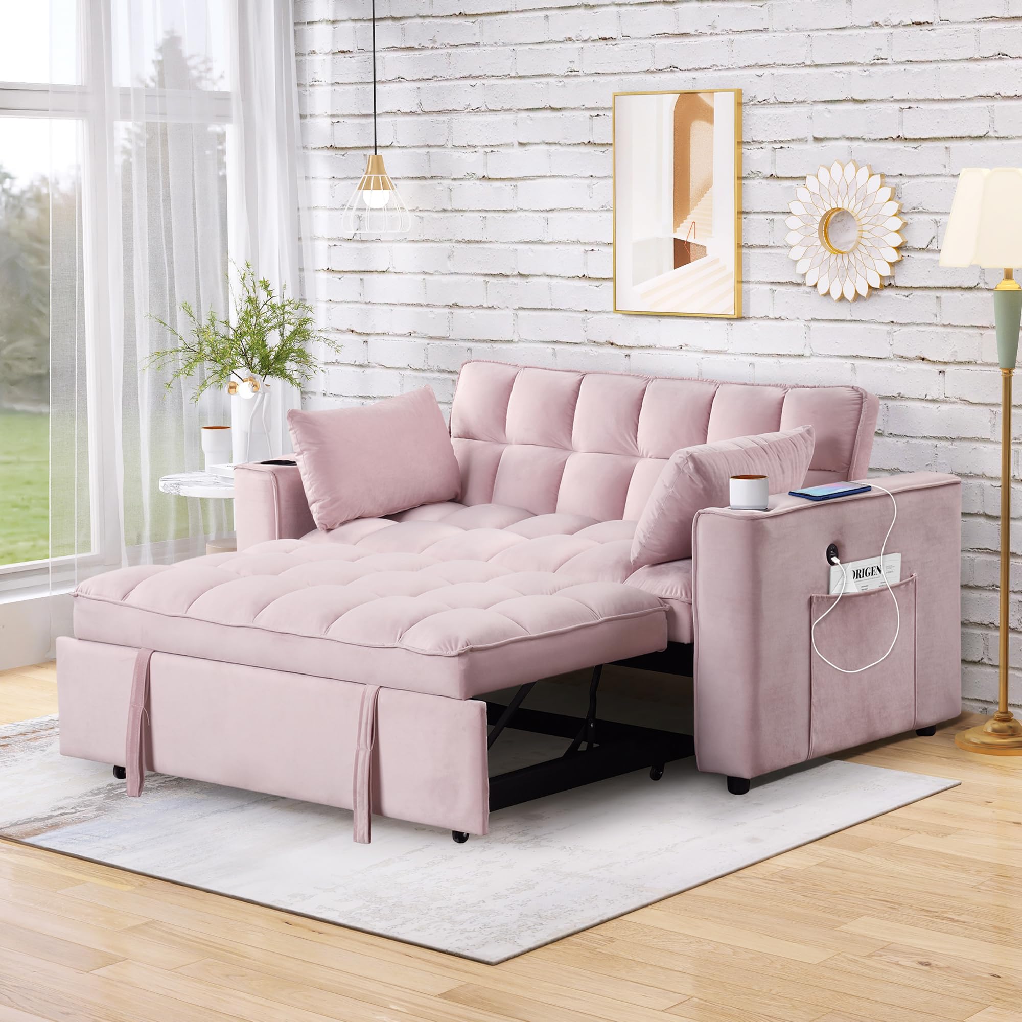 4-in-1 Multi-Functional Convertible Sofa Bed w/Cup Holder and USB Port,Velvet Upholstery Sleeper Couch Pull-Out Sofabed, 55.3'' Loveseat Chaise Lounge with Pillows for Living Room,Small Place