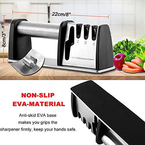 Knife Sharpeners, Best 4 in 1 Manual Kitchen Knives & Scissor Sharpeners, 4 - Stage Knife Sharpening System with Diamond Steel, Ceramic Stone, Ergonomic Design, Non-slip Base(Black)