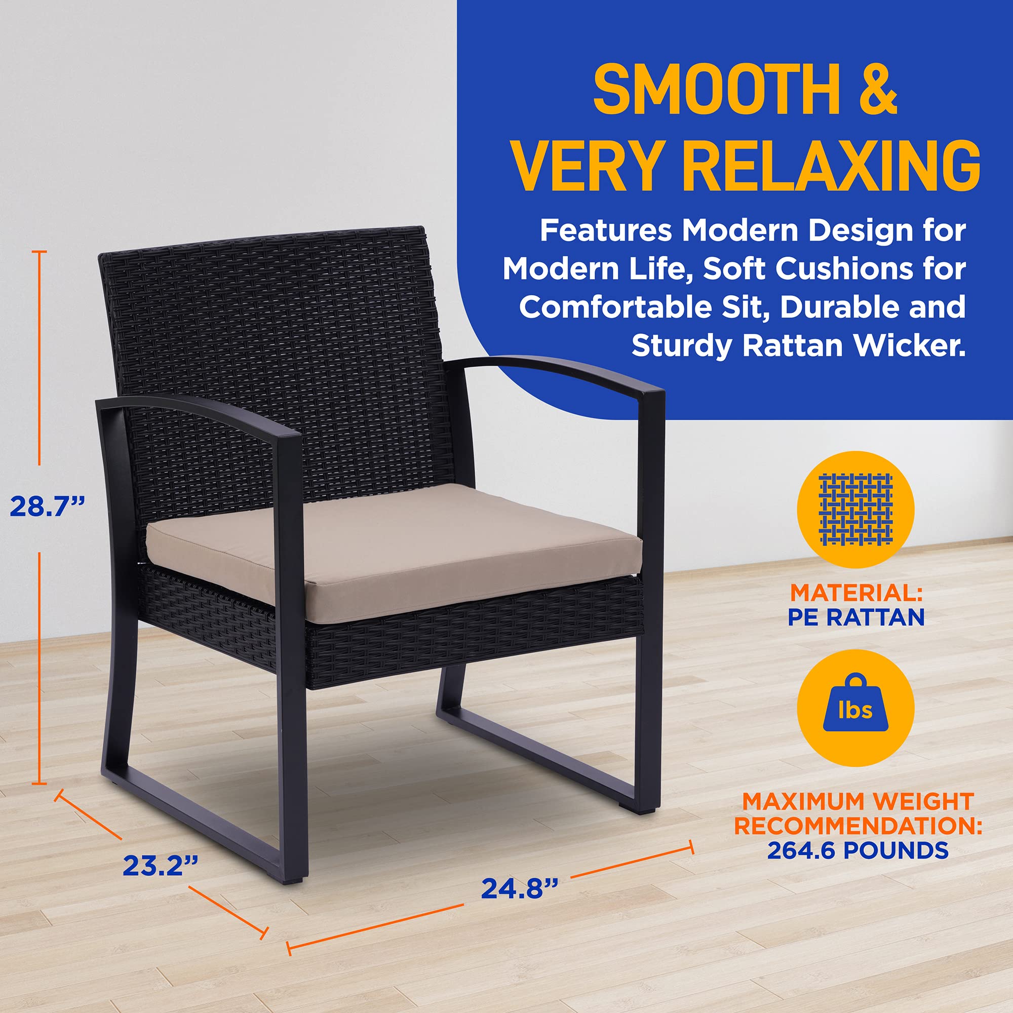 Patio Outdoor Rattan Furniture Set, 3 Pcs. Per Set - Includes 2 Single Chairs with Soft Cushion and 1 Glass-top Coffee Table, Black Weather-Resistant Resin Wicker Rattan
