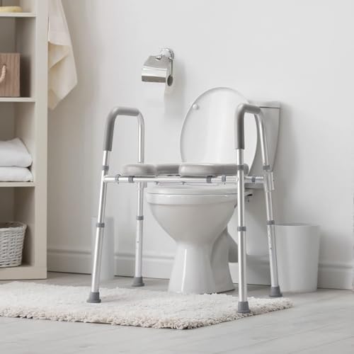 4-in-1 Raised Toilet Seat with Handles and Back, Medical Bedside Commode Chair, Adjustable Toilet Safety Frame, Shower Chair for Seniors, Elderly, Handicap, Pregnant,Collapsible Basin Included