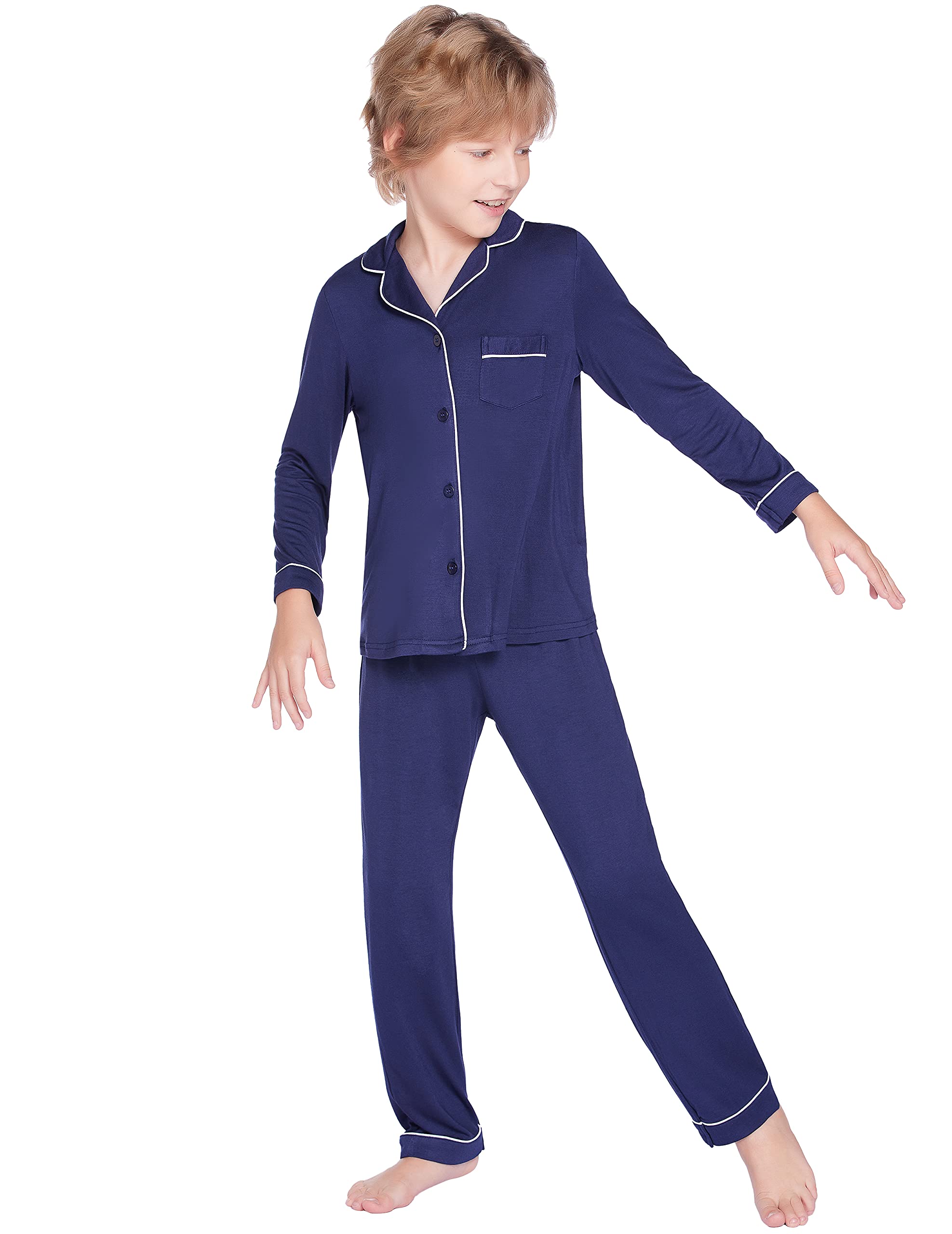 luxilooks Big Boys Cotton Button-Front Pajamas Sets 2 Piece Sleepwear Long Pj Set Casual Lougewear Soft Nightwear(Navy Blue,7-8Y)
