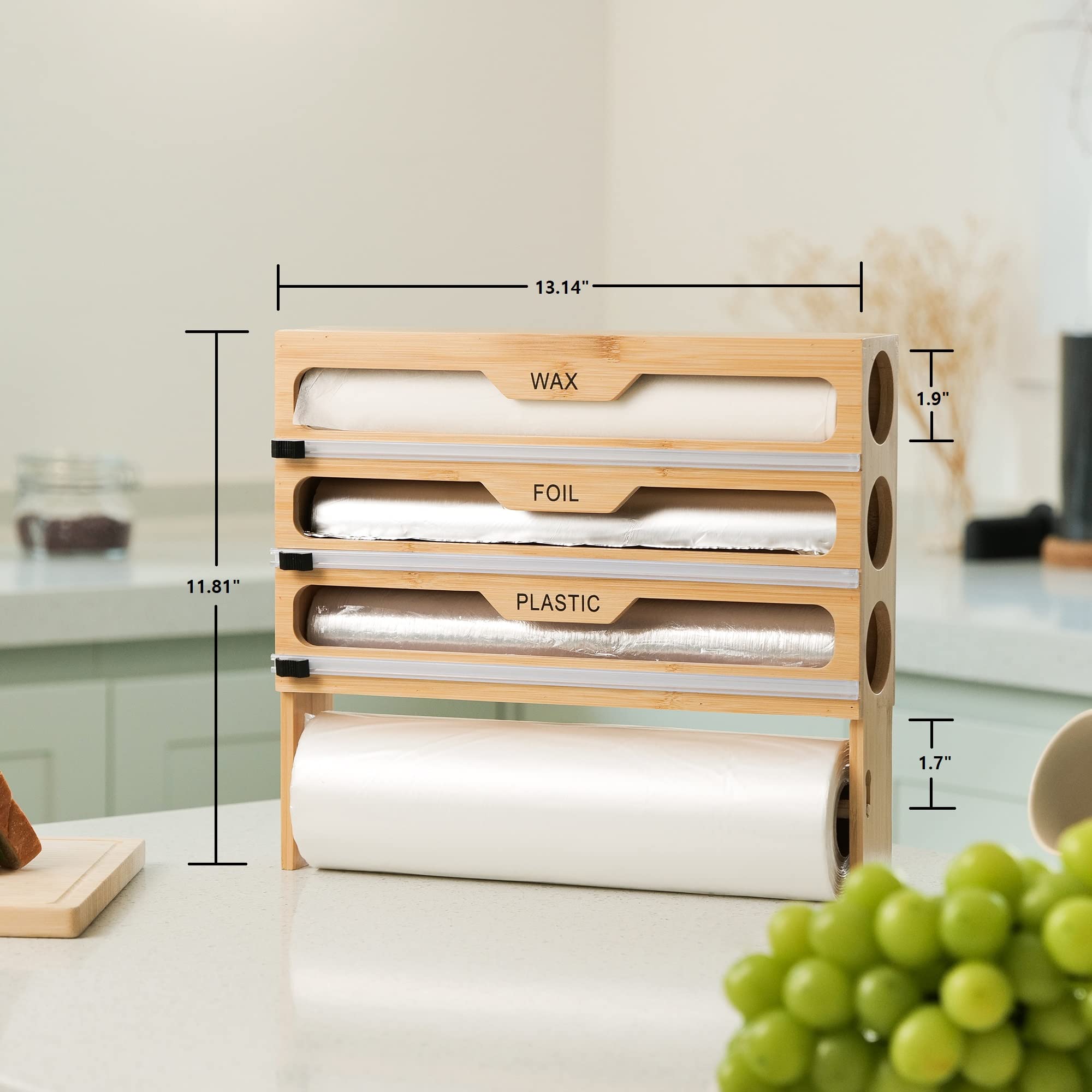 4-in-1 Wrap Dispenser with Slide Cutter - Plastic Wrap, Aluminum Foil, Wax Paper, Towel Roll, Roll Bag Holder Container for Kitchen Drawers - Compatible with 12" Width and Small Thickness Rolls
