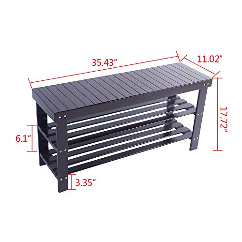 Henf 3-Tier Bamboo Shoe Rack Bench, Shoe Organizer, Storage Shelf, Holds Up to 551Lb,Dimensions 35.43 x 11.02 x 17.72,Coffee