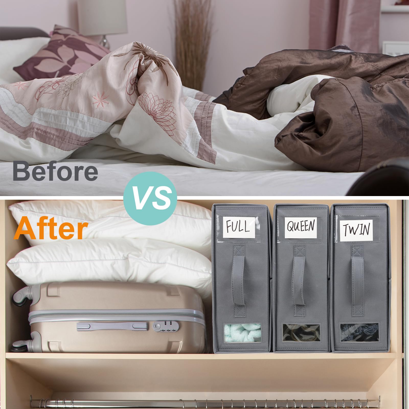 3 Pack Bed Sheet Organizers and Storage,Fabric Foldable Sheet Organizer, Zipper Bedding Sheet Storage Box, Linen Closet Organizer for Bedsheet Set,Clothing,Duvet Covers,Pillowcases(Queen/King Size)