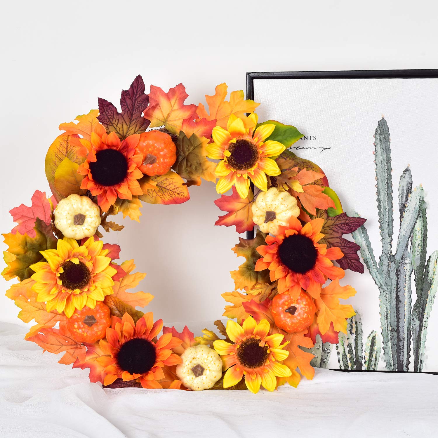 20Inch Artificial Sunflower Pumpkin and Maple Leaf Wreath for Halloween and Thanksgiving Home Indoor or Outdoor Arrangement Decoration