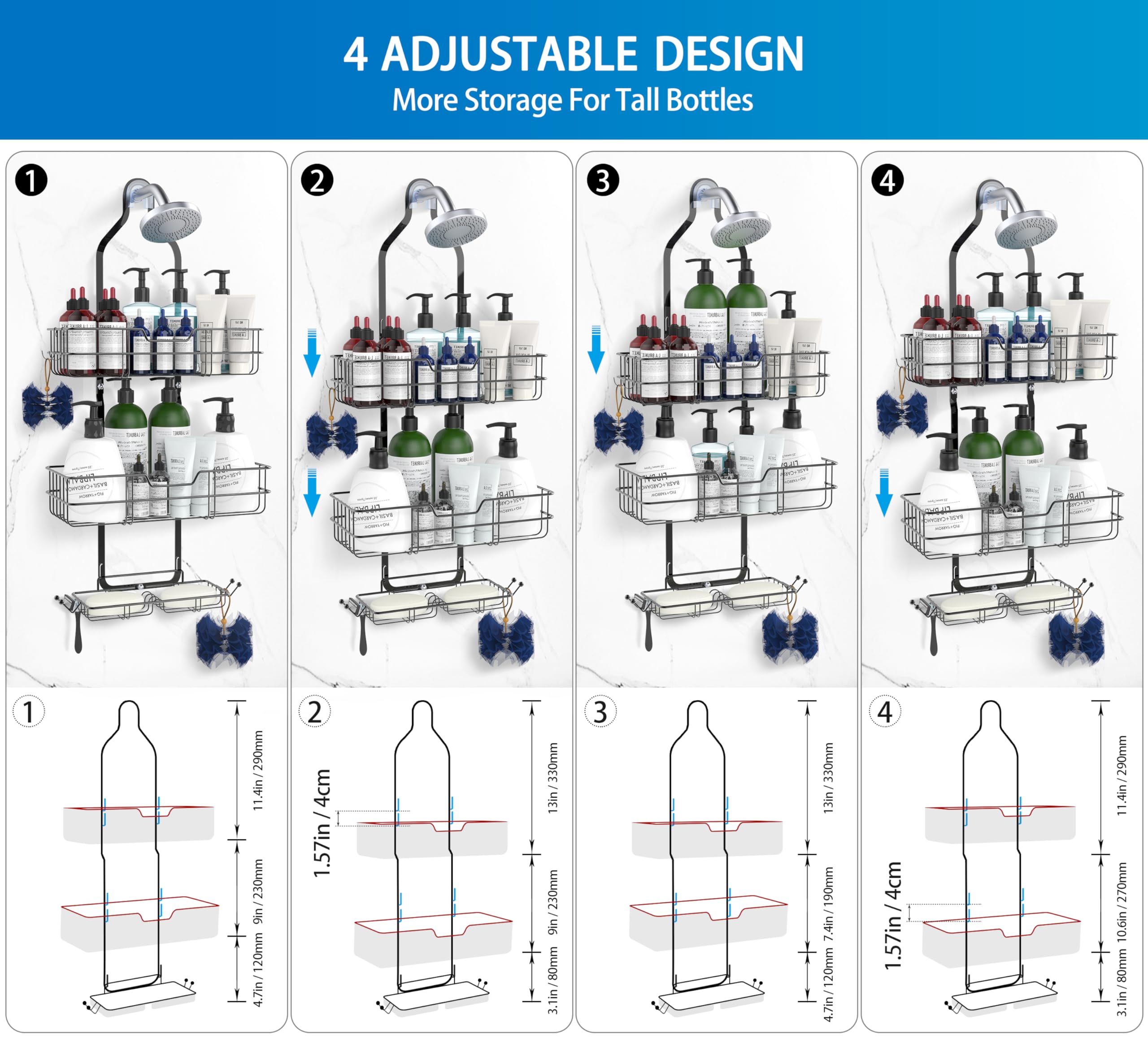 Turfson Hanging Shower Caddy Over Shower Head,Height Adjustable Shower Organizer Hanger Storage Rack Shelf For Inside Rustproof Bathroom Wall Basket With Soap Shampoo Holder Organization Black