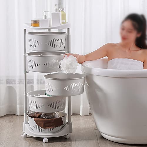Kaibrite Rotating Kitchen Storage Rack, Multi-Layer Revolving Basket Kitchen Shelf with Wheels, for Kitchen, Bathroom, Laundry Room, Garage, White (5-Layer)