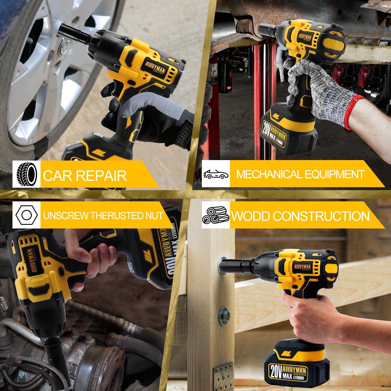 Alloyman 1/2 inch Impact Wrench Cordless, Max Torque 555 Ft-lbs Battery Impact Wrench 20V Brushless Motor 2000 RPM, with 6 Sockets, 3 Extension Bars, 4.0 AH Li-ion Battery and 1 Hour Fast Charge