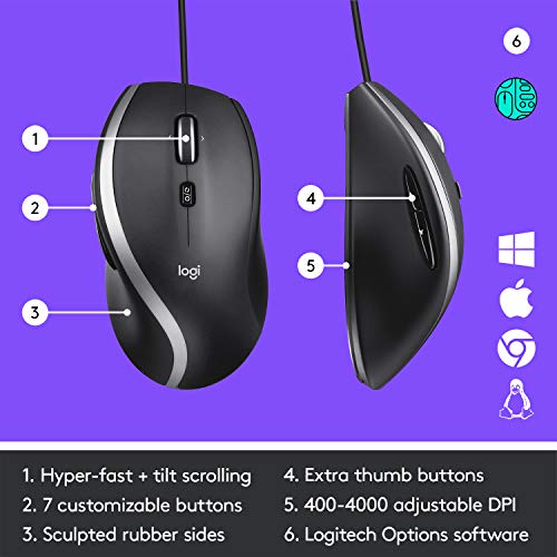 Logitech M500s Advanced Corded Mouse with Advanced Hyper-fast Scrolling & Tilt, Customizable Buttons, High Precision Tracking with DPI Switch, USB plug & play