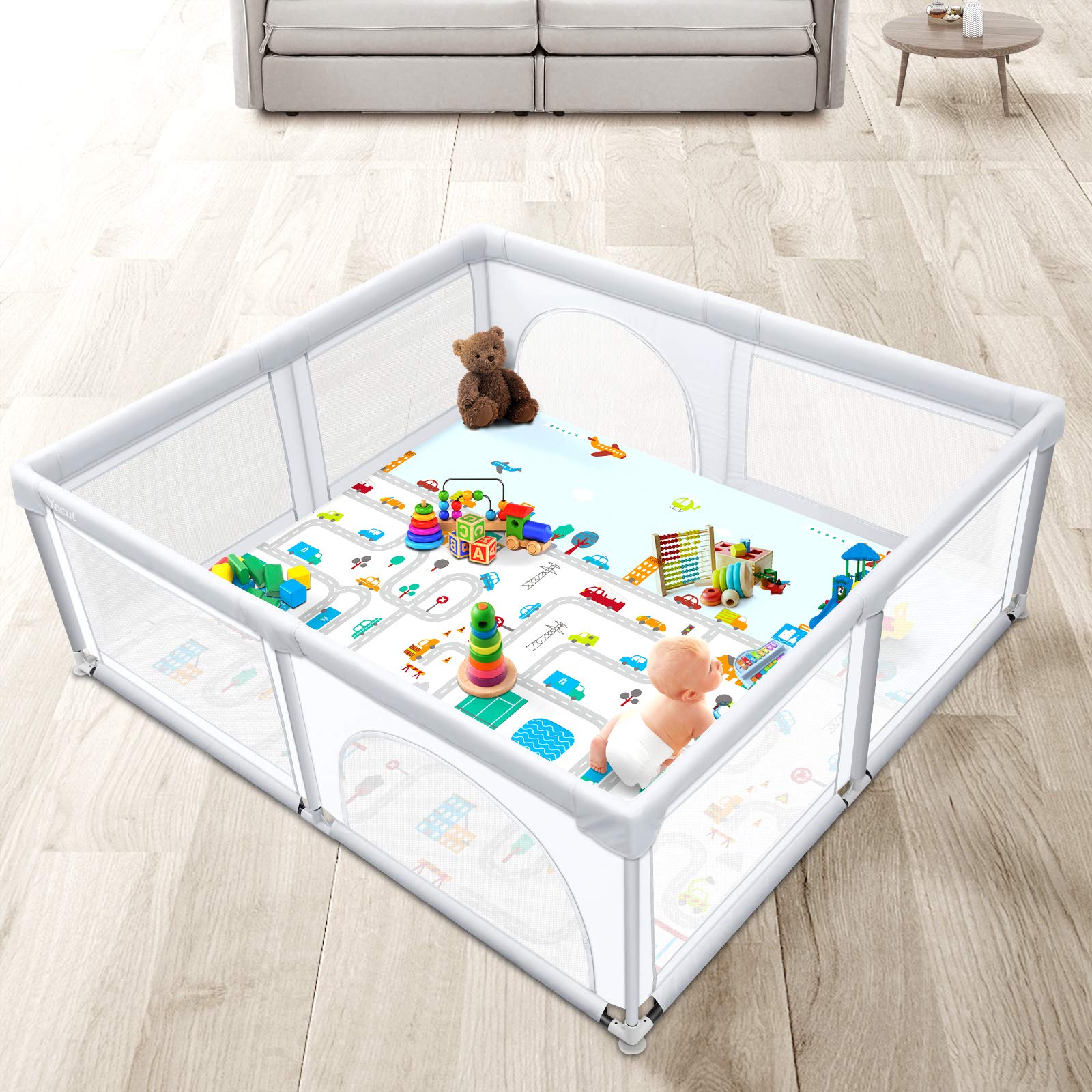 Baby Playpen with Mat, 79"x71" Extra Large Play Pens for Babies and Toddlers, Infants Playpen Gate Kids Safety Play Yard (Light Gray)