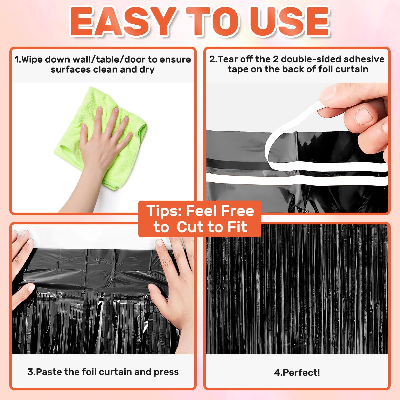 4-Pack Backdrop for Party Decorations, Foil Fringe Backdrop Curtains, Tinsel Streamers for Birthday Party Decorations, Black Tinsel Curtains for Halloween Bachelorette Prom Disco Hollywood Theme Party