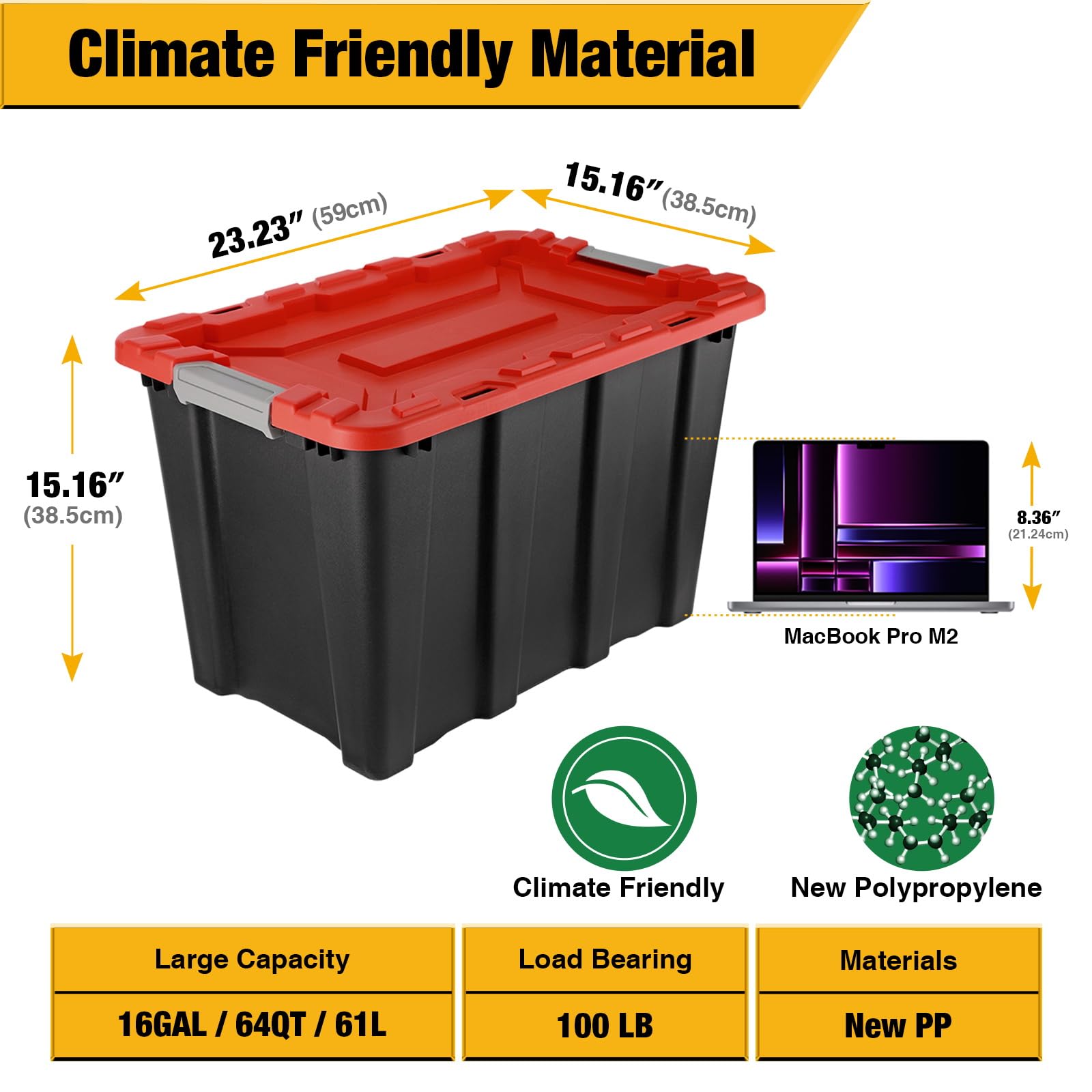 BROVIEW V12 16Gal Heavy Duty Plastic Storage Bins with Latching Lids, Stackable Tough Tote Storage Box Containers with Lock Hole & Handle for Garage Workshop Metal Rack (Black Base/Red Lid, 4Pack)