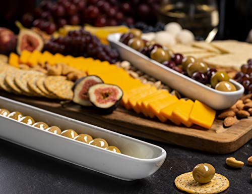 Kook Olive Boat Tray, Ceramic Serving Dish, Narrow Canoe for Charcuterie Board, Cheeses and Appetizers, Dishwasher Safe, 12β, Set of 2, White
