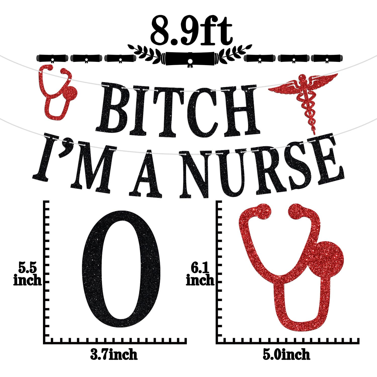 I'm a Nurse Banner - Congrats Nurse Grad/Nailed It/RN/BSN/NP- Nursing School Graduation Party Decorations Supplies, Black and Red Glitter