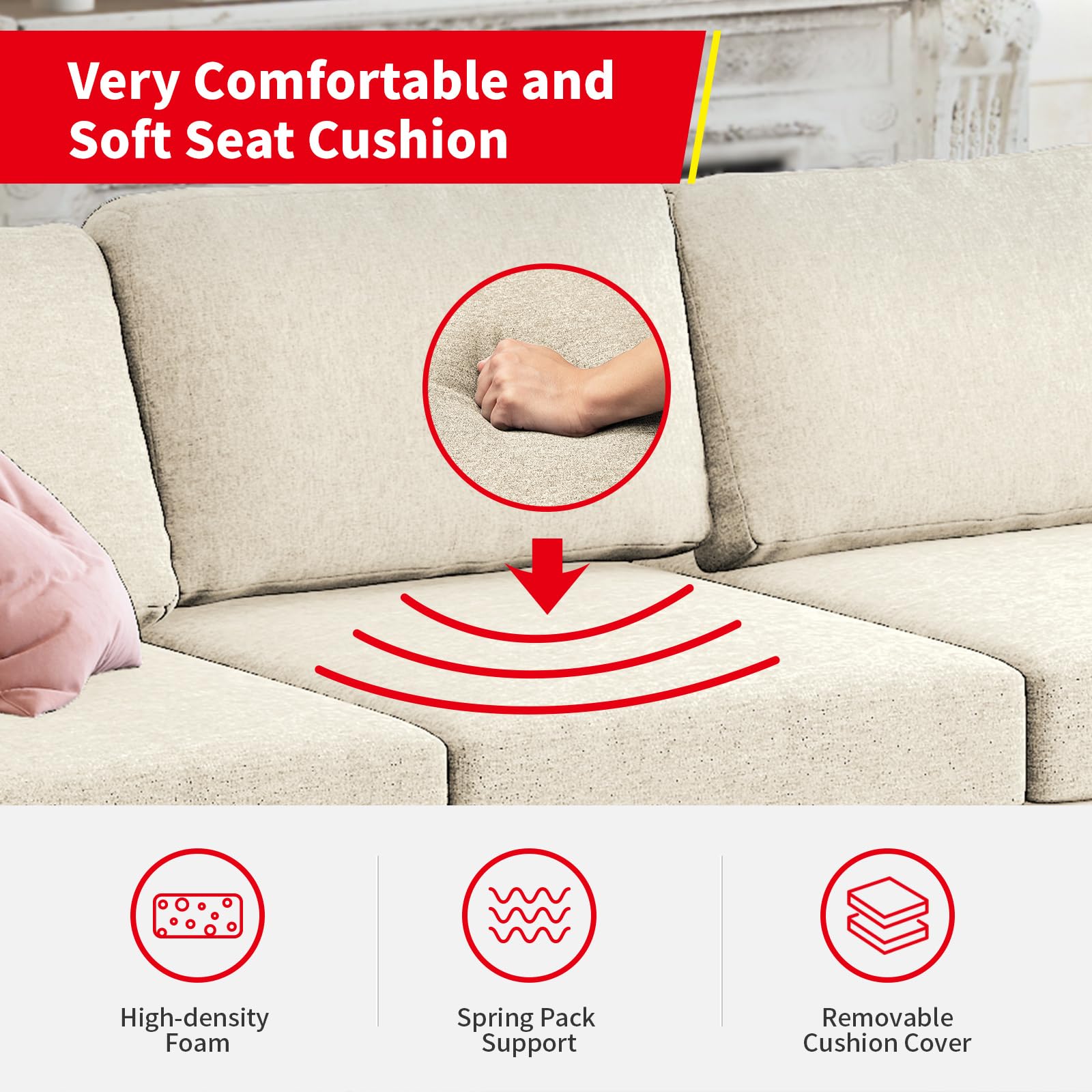 PUREMIND Beige L Shape 102" Sectional Sofa Couch with Movable Storage Ottoman, Linen 4 Seat Convertible Couch with Reversible Chaise, Living Room Sets for Office, Apartment