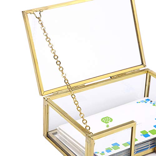Hipiwe Glass Business Card Holder Box with Lid - Desktop Name Card Display Box Organizer Gold Metal Business Card Container Box for Office Countertop