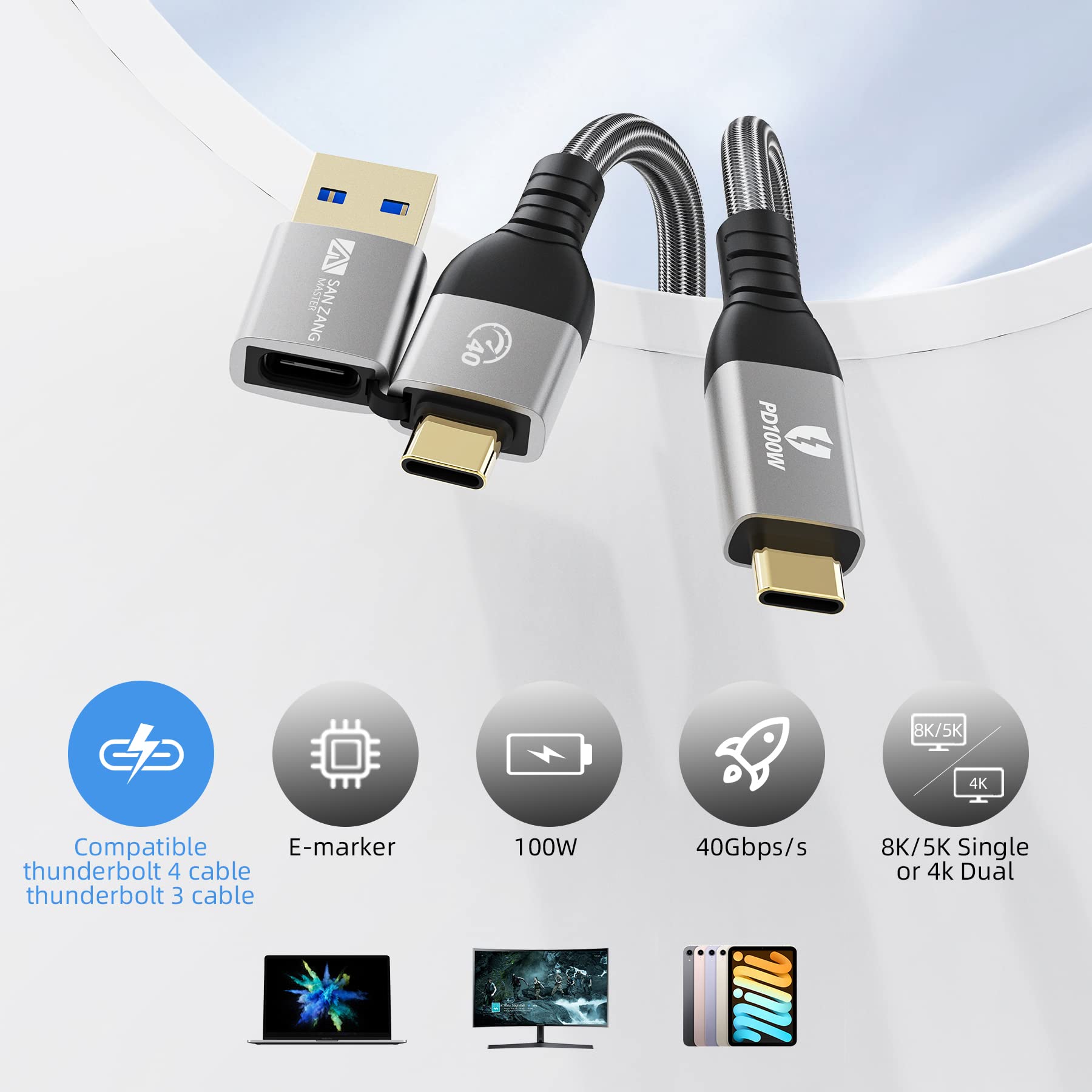 8 in 1 USB c hub Adapter with 100w Cable for Thunderbolt