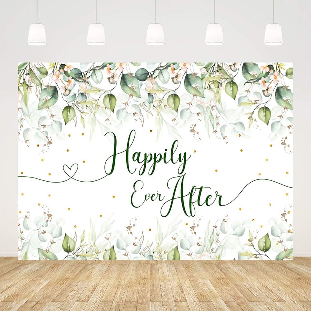 AIBIIN 7x5ft Happily Ever After Backdrop for Wedding Eucalyptus Leaves Gold Dots Photography Background Bridal Shower Wedding Party Decorations Banner Photo Props