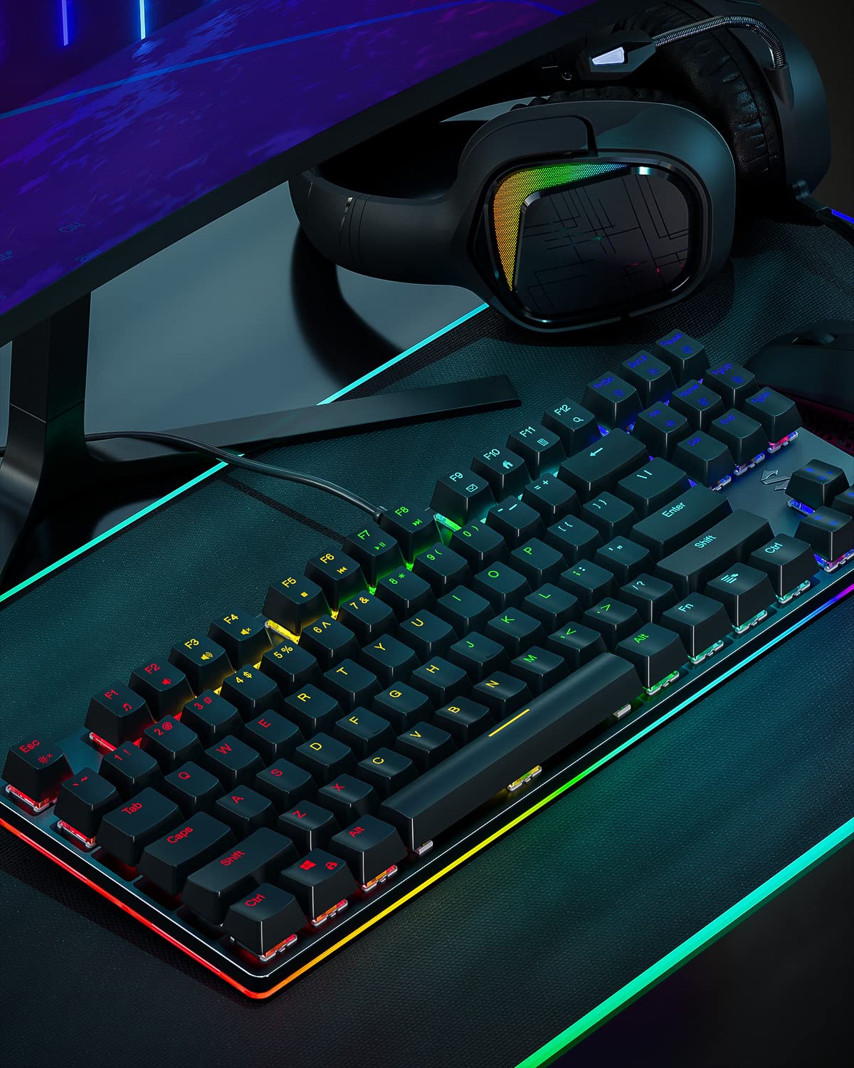 Black Shark RGB Mechanical Gaming Keyboard LED Backlit Wired Keyboard with Blue Switches, Fully Programmable, Anti-Ghosting 87 Keys for PC Laptop, Sixgill K1