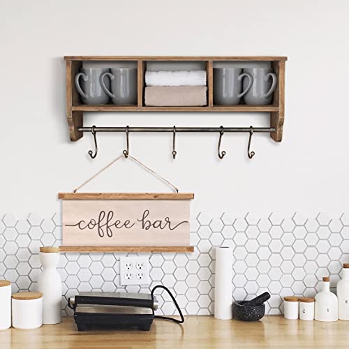 HBCY Creations Wall Mounted Shelf with Coat Hooks and Baskets, Solid Wood Entryway Organizer Wall Shelf with Hooks - Hang Coats, Keys or Coffee Mugs, Rustic Brown 24" Wide
