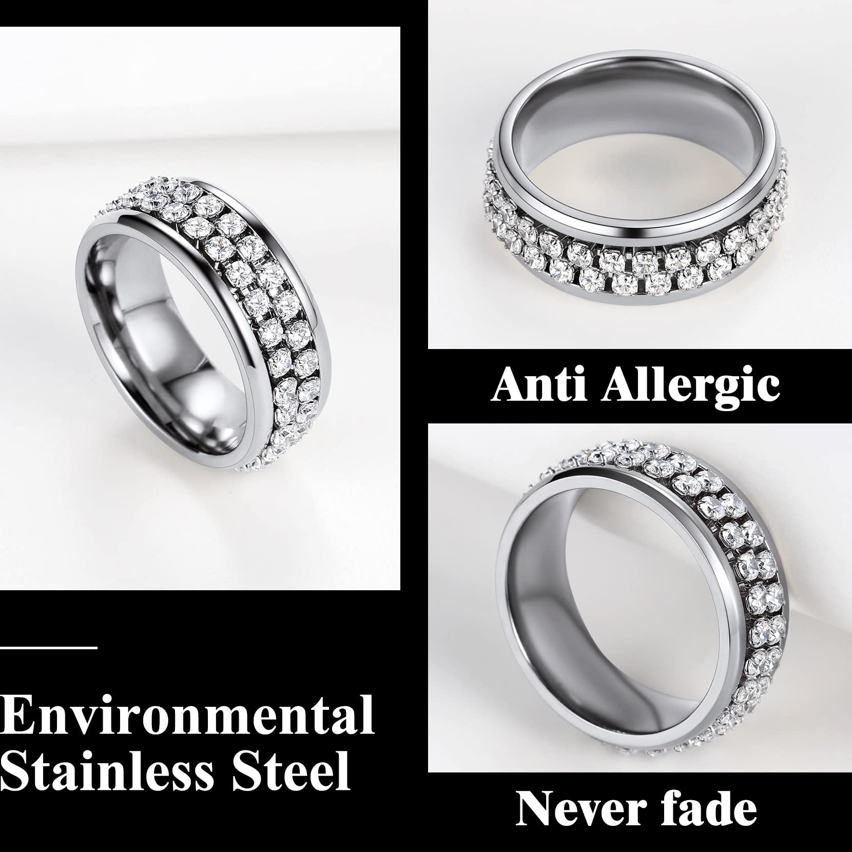 8mm Simulated Diamond Band Ring for Men Women Stainless Steel Fidget Spinner Rings