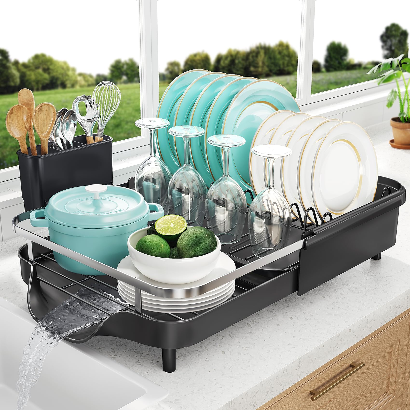 Dish Drying Rack - Extendable Dish Rack for Kitchen Counter, Saving Countertop Space Dish Drainer, Stainless Steel Kitchen Drying Rack with Cutlery Holder, 22.1''L x 12.8''W (Black)