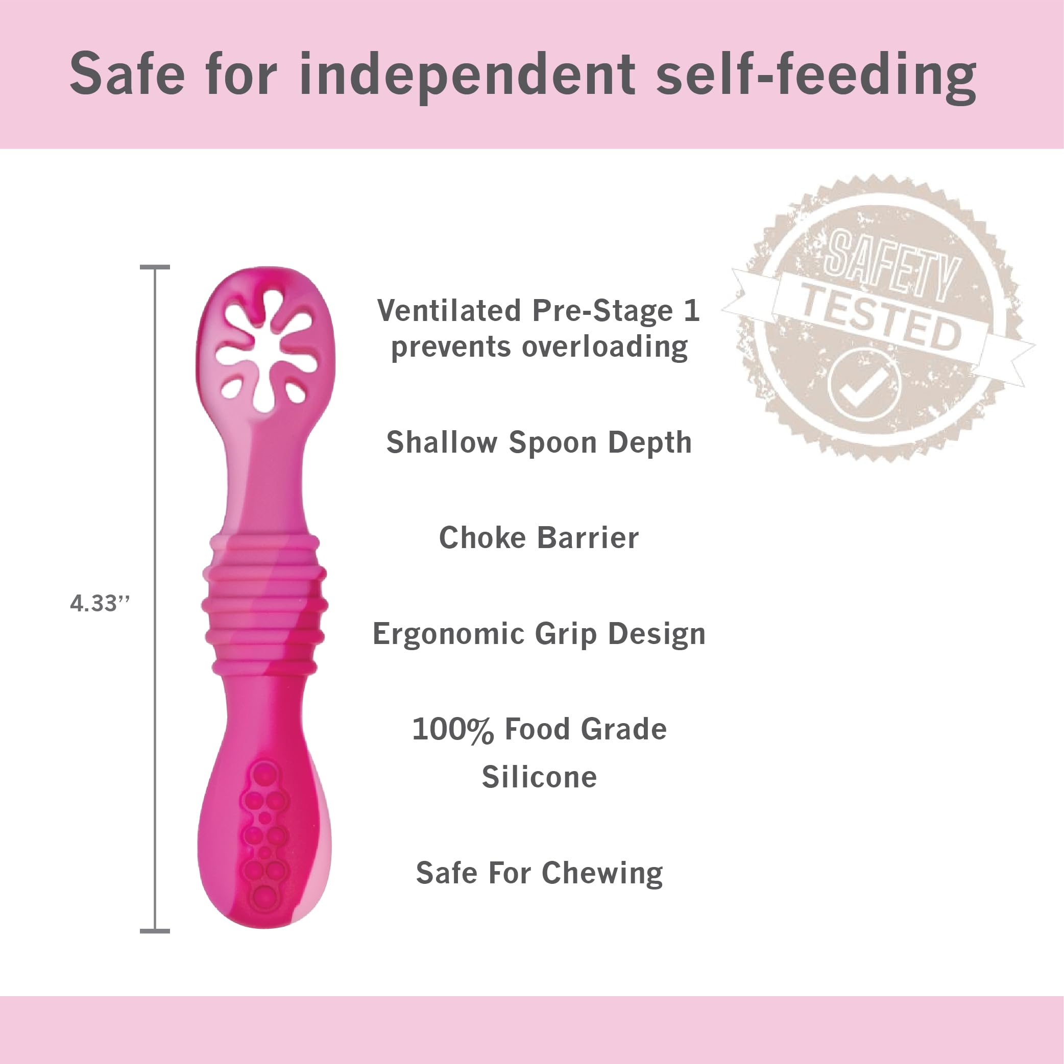 JuLe Self Feeding Baby Spoon Set (NEW Pre-Stage 1 + Stage 1) Silicon, Infant, Toddler, Weaning (Pink Camo, Set of 4)