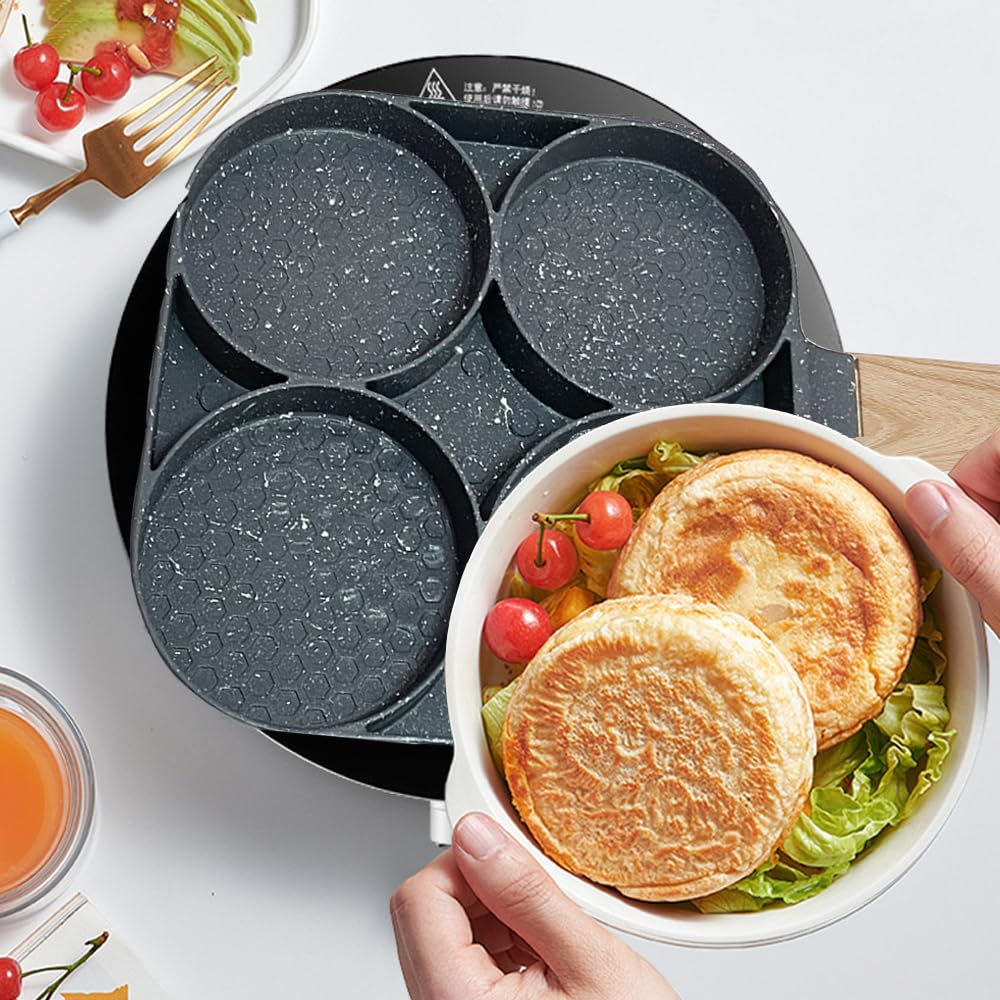Unoschrim 4-Cup Frying Pan, Aluminium Nonstick Egg Frying Pan with Bakelite Handles, Multifunctional Breakfast Pot for Cooking Pancake, Vegetable Patties or Burger, All Stoves Compatible, Easy Clean