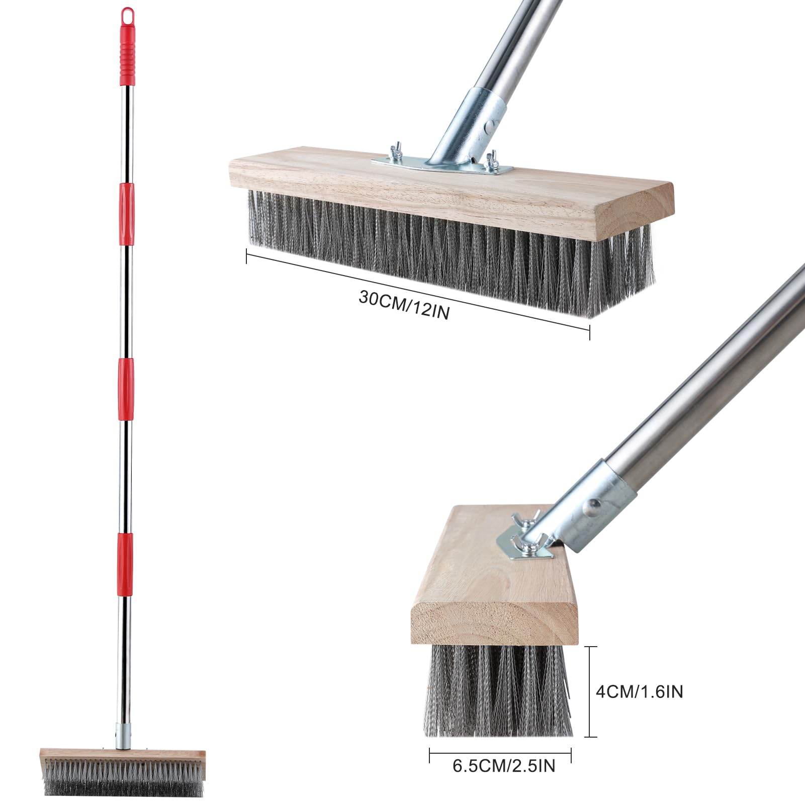 Mitclear Heavy Duty Wire Broom with Telescopic Handle(57IN), Stiff Metal Bristle Brush for Removing Weed Moss, Outdoor Floor Scrub Brush for Patio, Deck, Garden