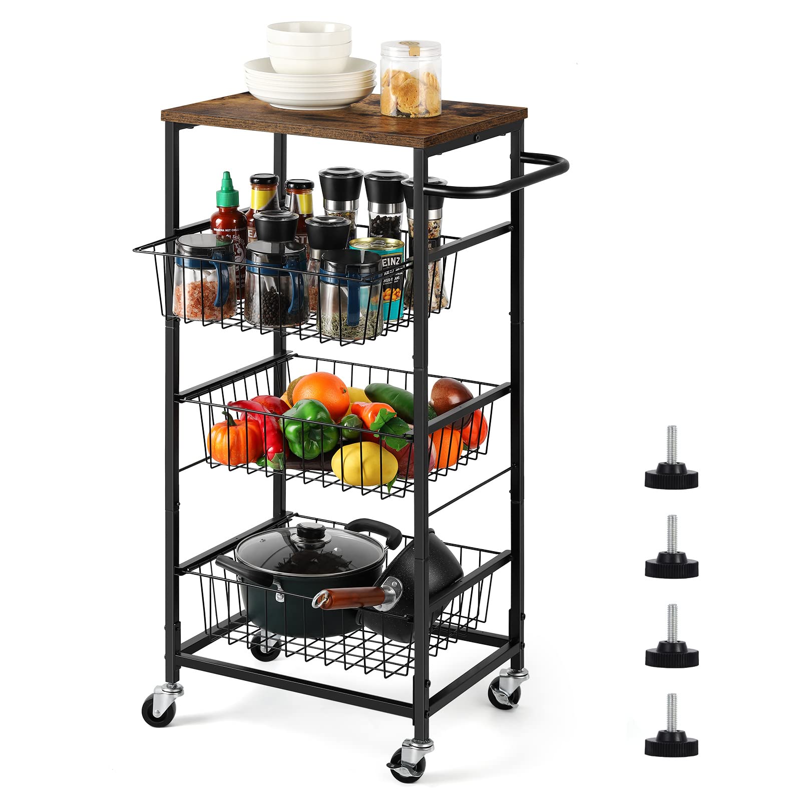 smusei Kitchen Cart on Wheels 4 Tier Metal Moveable Kitchen Cart with Storage Rolling Utility Storage Cart with Pull Out Baskets for Home, Bathroom, Pantry
