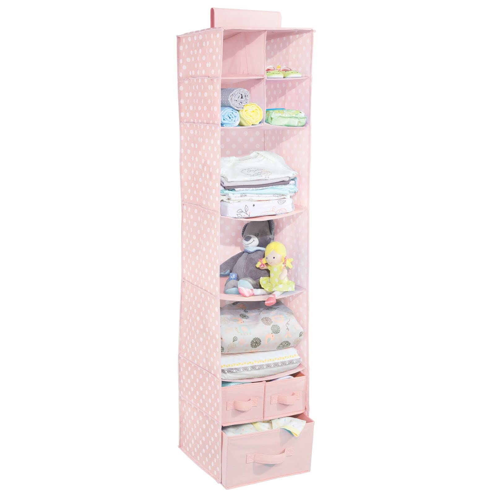 mDesign Fabric Hanging Organizer - Over Closet Rod Storage, 7 Shelves/3 Removable Drawers for Baby Nursery Bedroom Organization - Hold Clothes, Linens, Toys, Accessories, 2 Pack, Pink/White Polka Dot