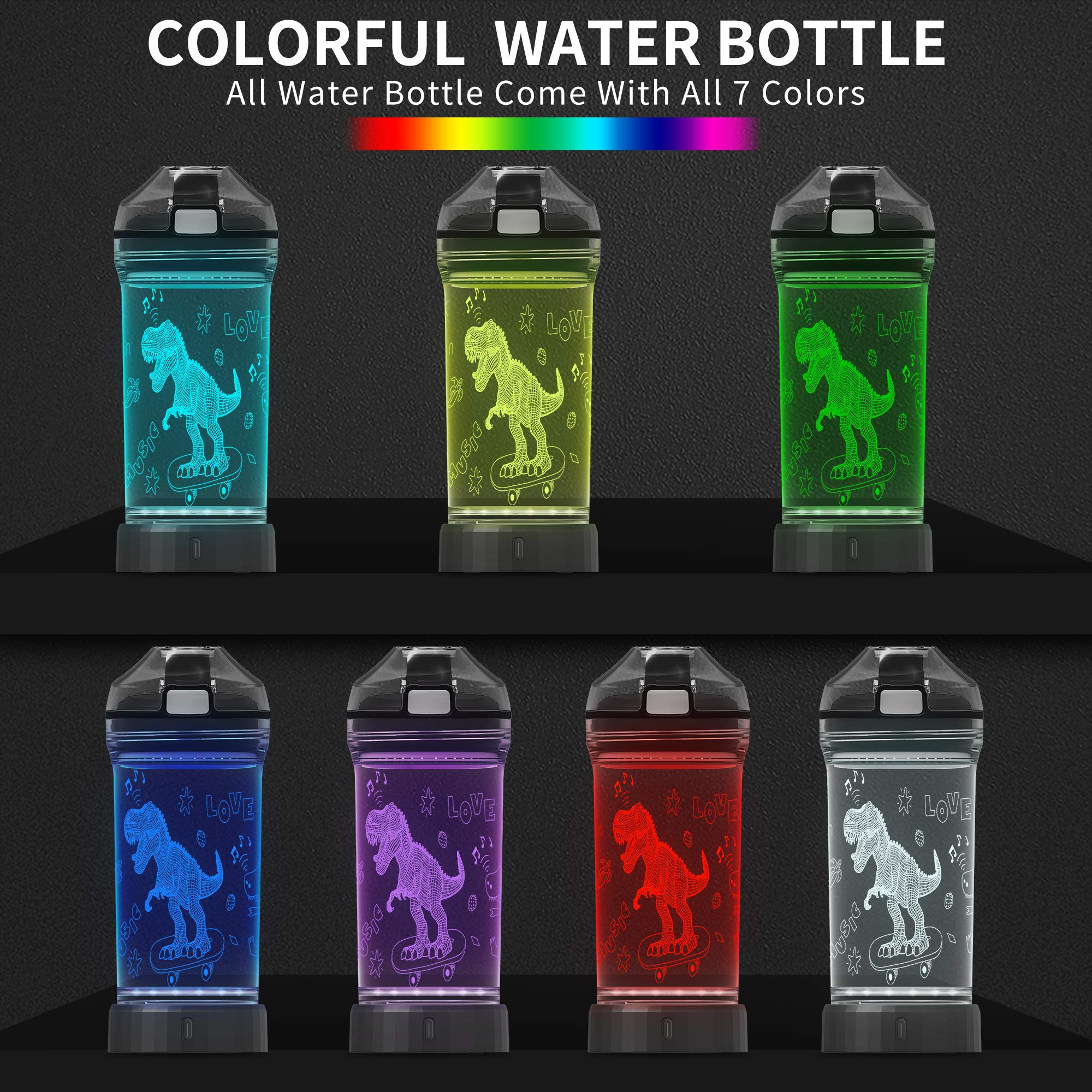 Lightzz Kids Watter Bottle,3D Dinosaur Cup with LED Illusion Light with 7 Color Changing Light - 14 0z BPA Free - Creative Travel Cup Dinosaur Gift for School Kid Boy Holiday
