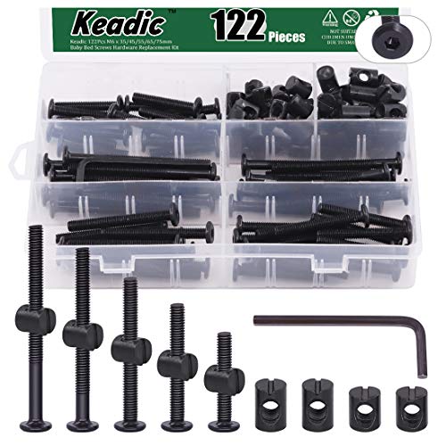 Keadic 122Pcs M6 x 35/45/55/65/75mm Baby Bed Screws Hardware Replacement Kit, Black Hex Socket Cap Bolts Barrel Nuts Assortment Kit for Furniture Cots Beds Crib, 1 Hex Key and Plastic Box for Free