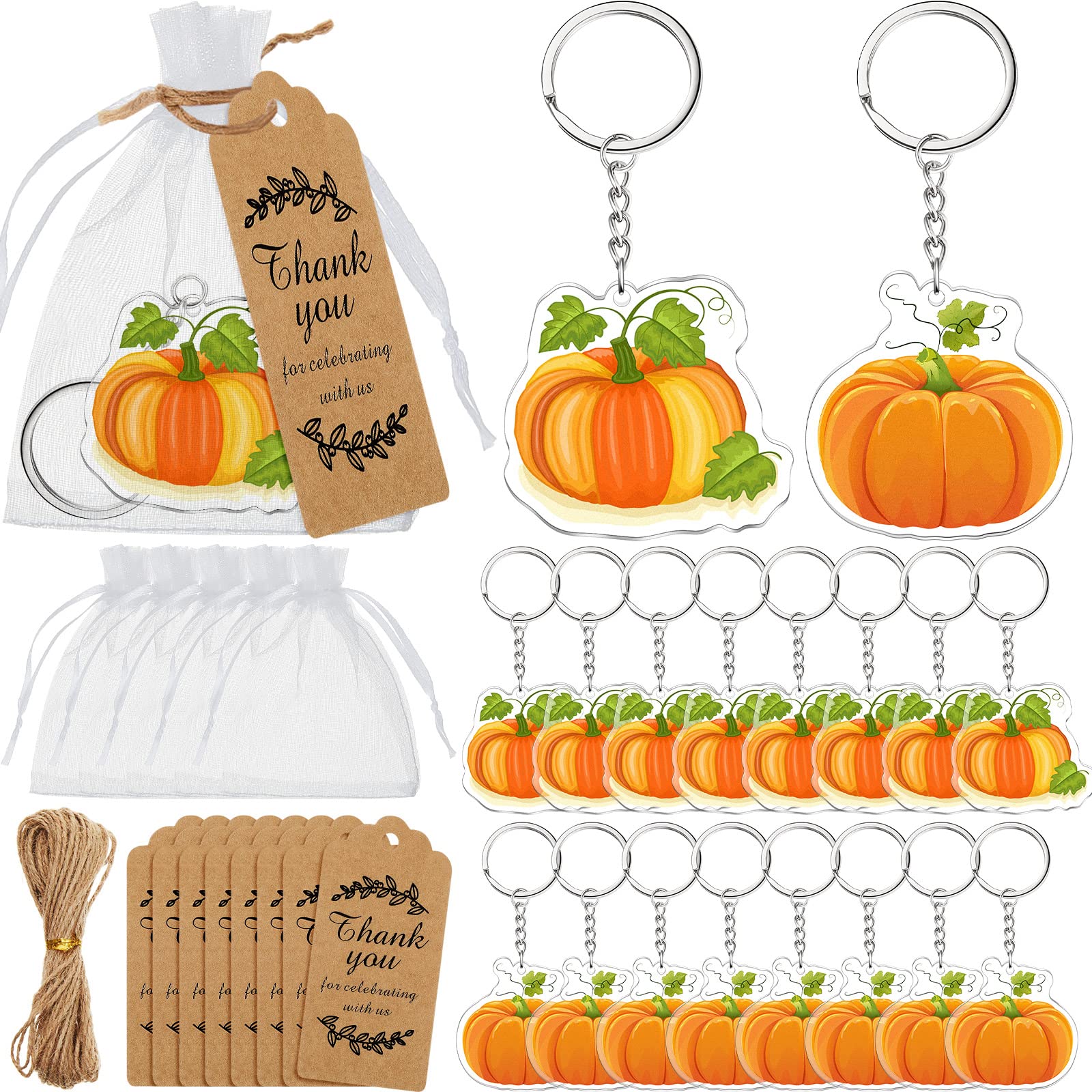 Taiyin Thank You Gifts 24 Set Little Pumpkin Baby Shower Party Favors Include Cute Pumpkin Key Chain Thank You Kraft Tags with Organza Bags for Fall Baby Shower Supplies