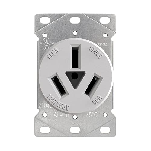 AIDA 10-50R Outlet 50 Amp 3 Pole, 3 Wire 125/250 Volts Non-grounding Heavy Duty Flush Mount Power Outlet Receptacle for EV Charger, Dryer, Welder, Air Compressor, RV, Generator, UL Listed, 030636