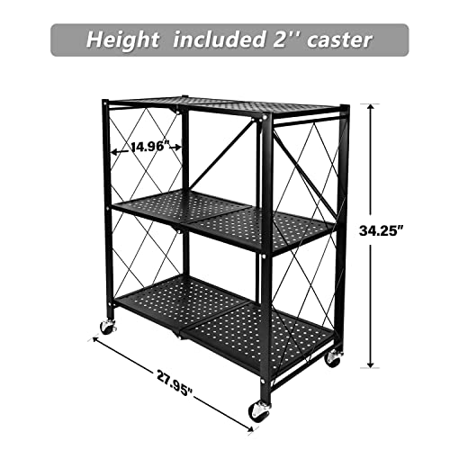 HealSmart 3-Tier Foldable Metal Shelves Heavy Duty Storage Shelving Unit with Wheels, Organizer Shelves for Garage Kitchen Holds up to 750 lbs Capacity, Black,2 Pack