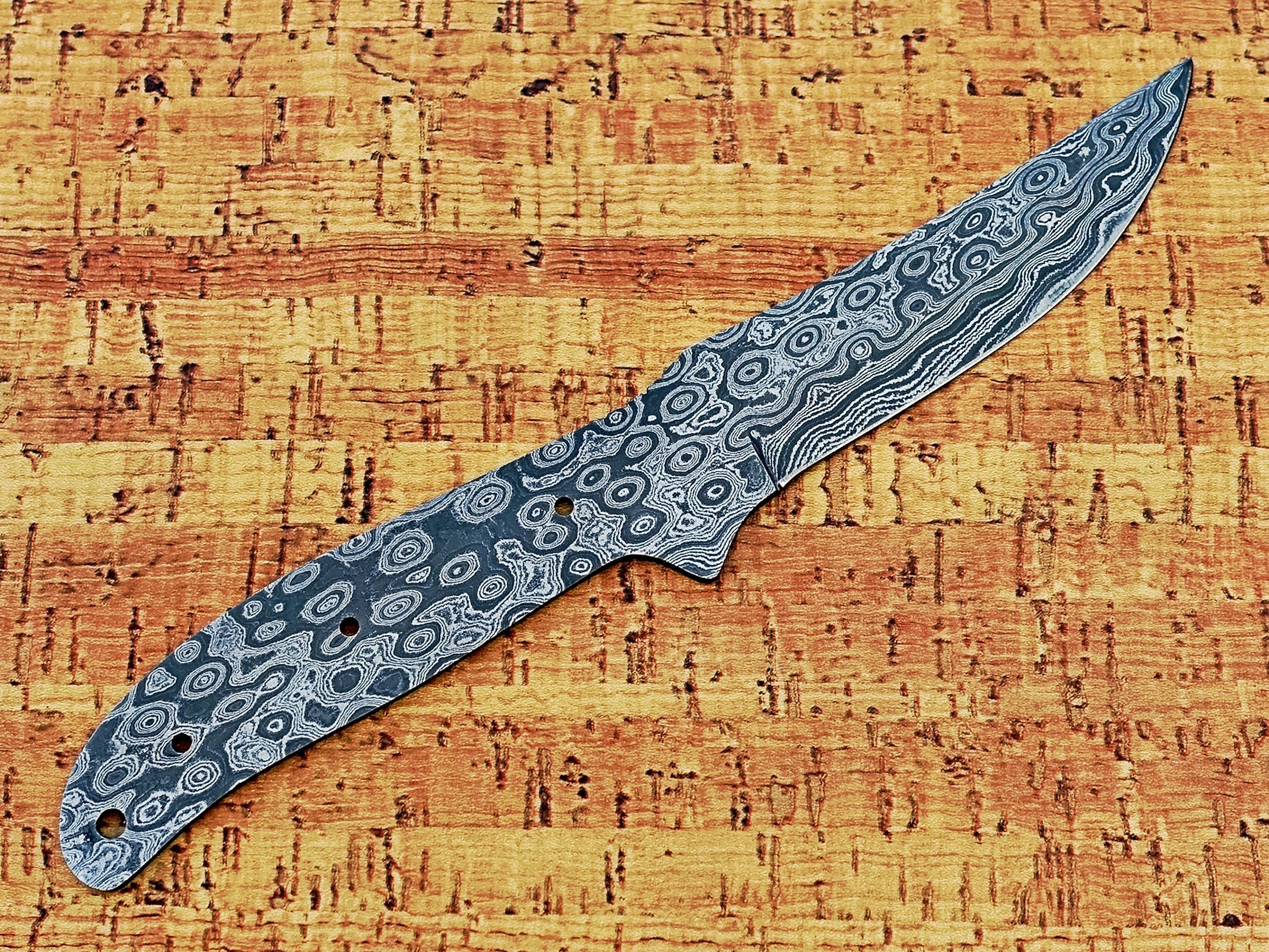 9 inches long Rain drop pattern Damascus steel Trailing point blank blade, knife making supplies, 4.5 inches long straight back scale with 3 pin and a lace holes, 4 inches cutting edge