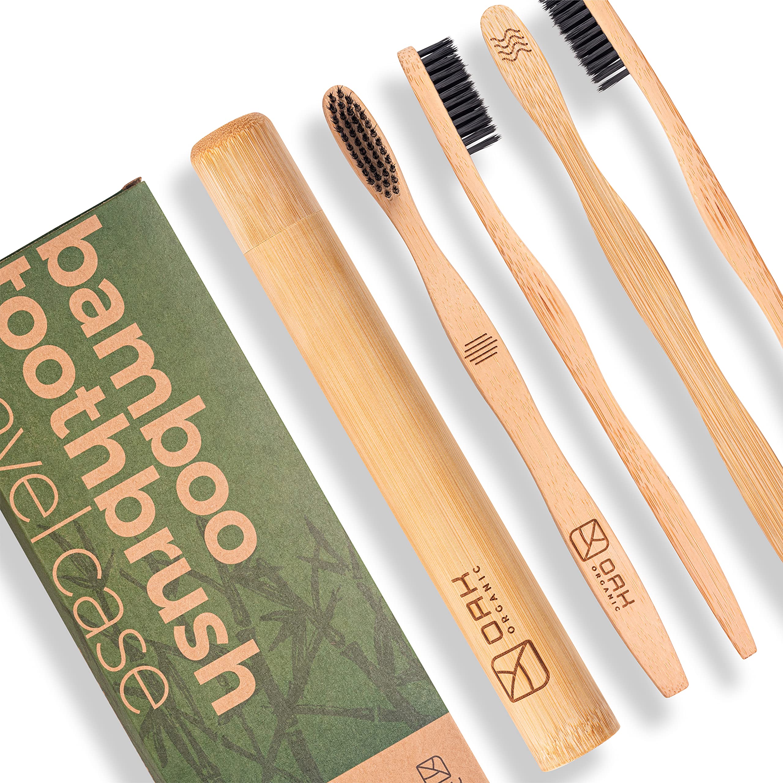 OAK ORGANIC Charcoal Toothbrush ā Get Sparkling Clean Teeth ā Natural Soft Bamboo Charcoal Toothbrush with Travel Case ā Biodegradable Wooden Eco Toothbrush ā 4 Set - EARTH, AIR, FIRE, WATER