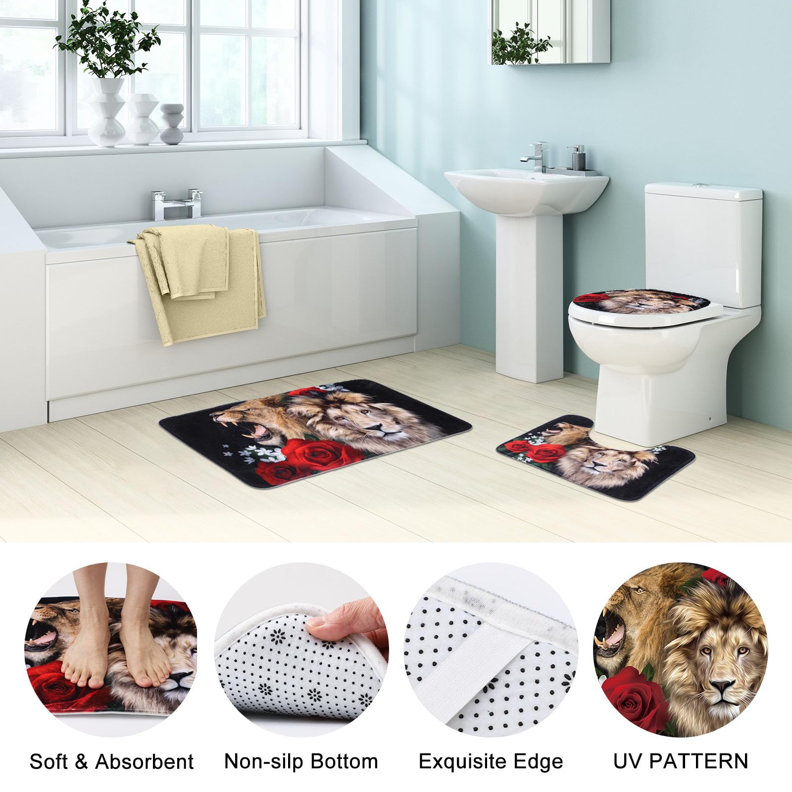 20Pcs Bathroom Sets Rose and Lion Shower Curtain Set with Non-Slip Rugs, Toilet Lid Cover and Bath Mat, 12 Resin Hooks, Bathroom Wall Sign Decor Set