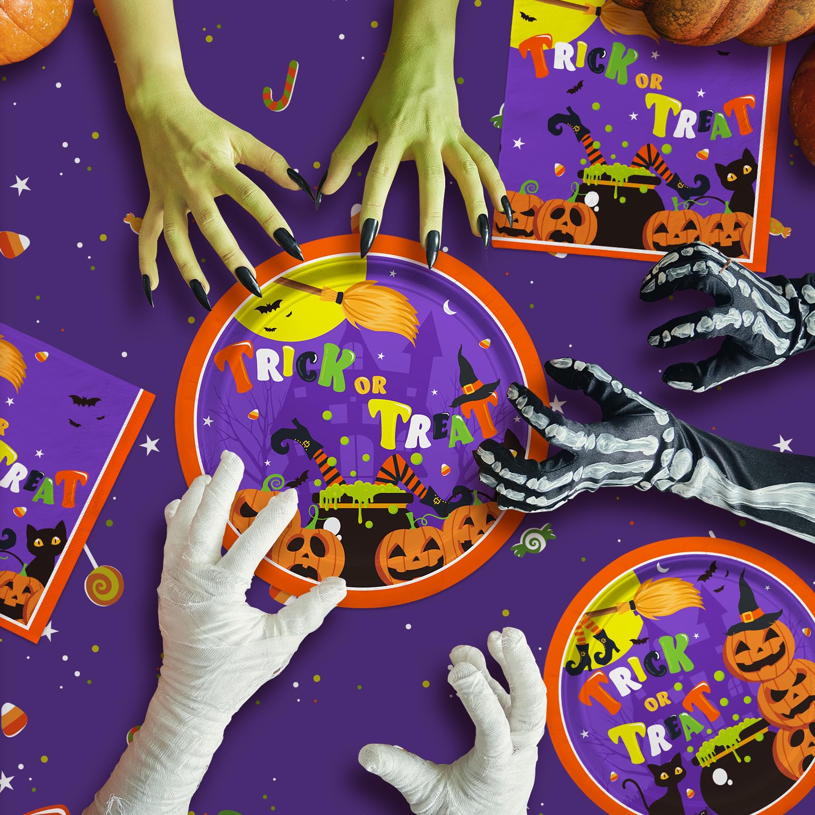 Halloween Party Supplies Kit Serve 50,Halloween Witch Pumpkin Design Includes Disposable Dinner Plates, Dessert Plates and Napkins, Halloween Birthday Party Decorations