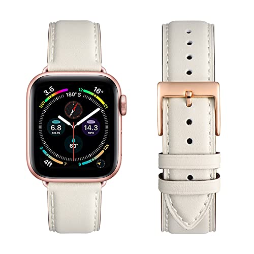 OMIU Square Bands Compatible with Apple Watch Band 38mm 40mm 41mm 42mm 44mm 45mm 49mm, Genuine Leather Wristband Starp for iWatch SE Series 8 7 6 5 4 3 2 1 Utral for Women Men(Ivory White/Rose Gold)