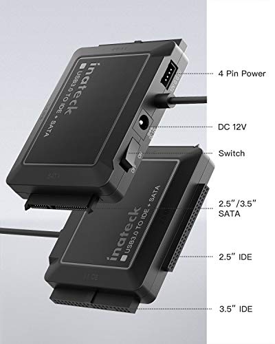 Inateck USB 3.0 to IDE/SATA External Hard Drive Reader Applicable to 2.5"/3.5" HDD/SSD, with 12V/2A Power Supply, SA03001