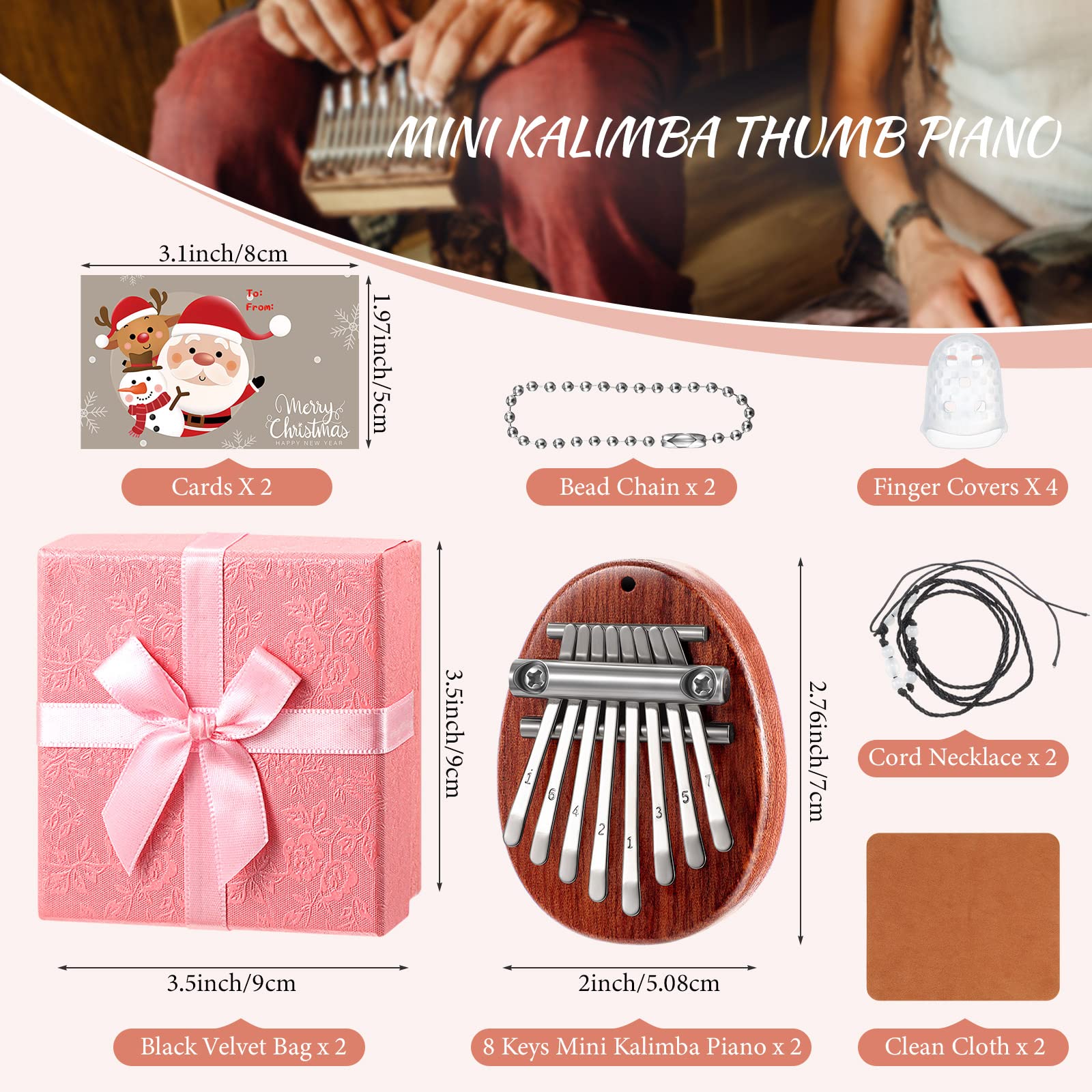 2 Set 8 Keys Mini Thumb Piano Include 2 Music Sheet 2 Christmas Card 2 Lanyard Chain 2 Cleaning Cloth 4 Finger Protector with 2 Gift Box for Kids and Adult Beginners Gift(Pink)