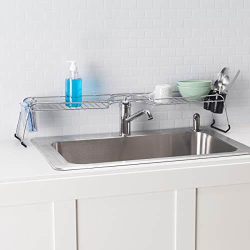 Home Basics Over Sink Shelf, (Chrome) Steel Over The Kitchen Sink Organizer for Soap, Sponges, Scrubbers, and More | with Cutlery Holder