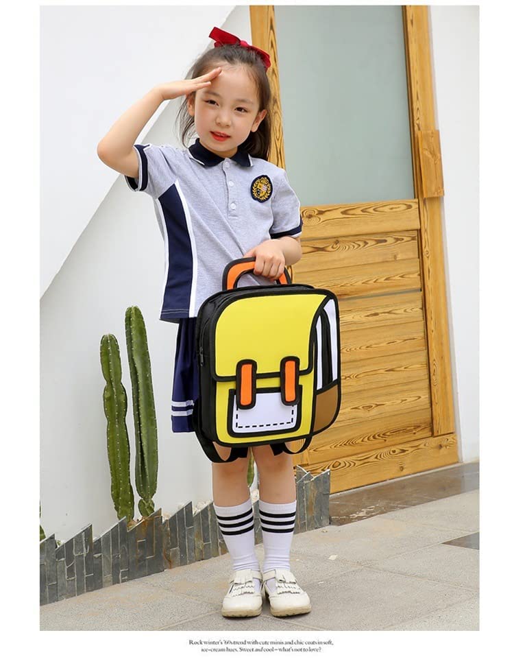 3D Jump Style Kawaii Backpack Sketch Cute Cartoon 2D Drawing from Comic Paper Anime Bookbag School Supplies Fun Daypack (Yellow)